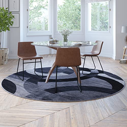 Flash Furniture Harken Collection 8' x 8' Round Geometric Area Rug - Black and Gray Olefin Facing - Jute Backing - Living Room or Bedroom