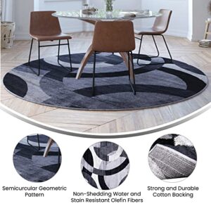 Flash Furniture Harken Collection 8' x 8' Round Geometric Area Rug - Black and Gray Olefin Facing - Jute Backing - Living Room or Bedroom