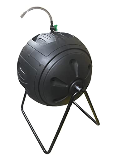 Exaco Ms. Tumbles Round Easy to Turn Compost Tumbler - 35 Gallons, Drain Hose with Cut-Off Valve, Black/Green