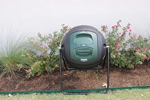 Exaco Ms. Tumbles Round Easy to Turn Compost Tumbler - 35 Gallons, Drain Hose with Cut-Off Valve, Black/Green