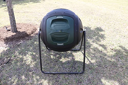 Exaco Ms. Tumbles Round Easy to Turn Compost Tumbler - 35 Gallons, Drain Hose with Cut-Off Valve, Black/Green