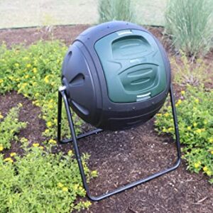 Exaco Ms. Tumbles Round Easy to Turn Compost Tumbler - 35 Gallons, Drain Hose with Cut-Off Valve, Black/Green