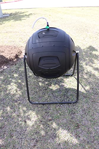 Exaco Ms. Tumbles Round Easy to Turn Compost Tumbler - 35 Gallons, Drain Hose with Cut-Off Valve, Black/Green