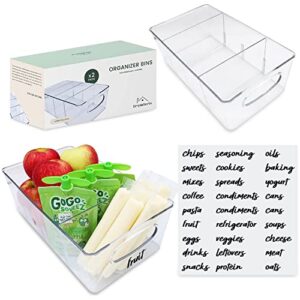 simple sorts | pantry organization and storage bins - 2 pack, kitchen organization bins with dividers and labels - refrigerator organizer bins, cabinet organizers, clear storage bins