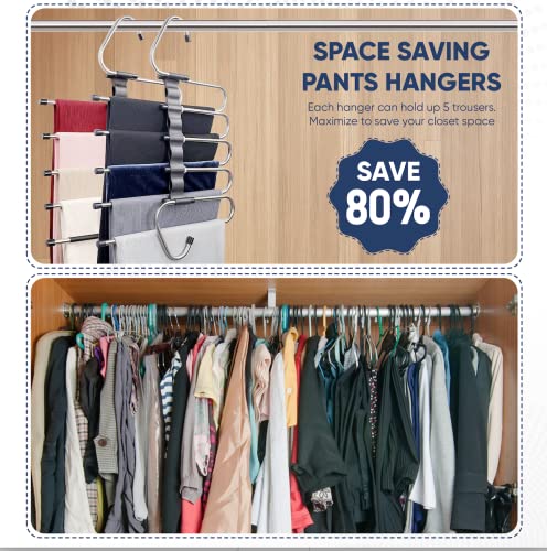 Space Saving Pants Hanger- 2 Pack Closet Organizer Closet Storage Jeans,Trousers Hanger Drying Rack: Leggings, Scarves and Towels Non-Slip Hanger- Space Maximizing Hanging Rack Small Space Organizer