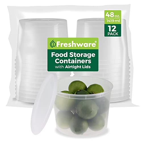 Freshware Food Storage Containers [12 Pack, 48 oz] Plastic Deli Containers with Lids, Slime, Soup, Meal Prep Containers, BPA Free, Stackable, Leakproof, Microwave, Dishwasher and Freezer Safe