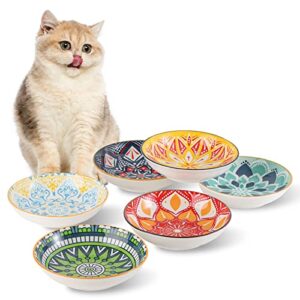 5.5 inch wide shallow cat food bowl set for relief whisker fatigue -ceramic - 6 colorful cute small flat kitten feeding dish/ dishes - microwave and dishwasher safe - 8 oz