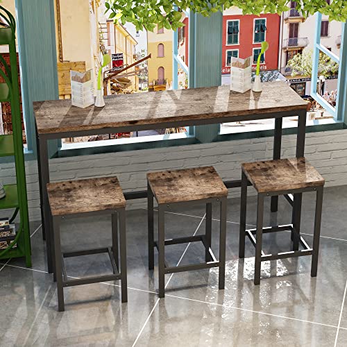 60'' Counter Height Bar Table Set, 3 Piece Narrow Dining Table Set, Long Pub Table with 3 Stools for Kitchen, Living Room, Bar, Cafe, Small Space (Natural)