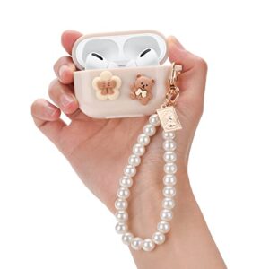 Cute AirPod Pro 2 Case with Pearl Wrist Chain Flower Bear Design Soft Protective Cover Compatible with AirPods Pro 2nd Generation 2022 Case for Women and Girls (Brown)