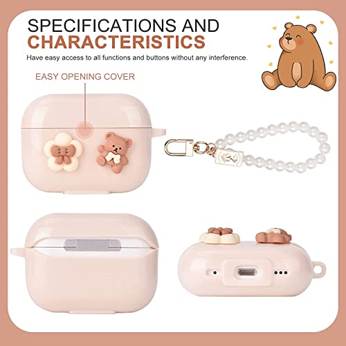 Cute AirPod Pro 2 Case with Pearl Wrist Chain Flower Bear Design Soft Protective Cover Compatible with AirPods Pro 2nd Generation 2022 Case for Women and Girls (Brown)