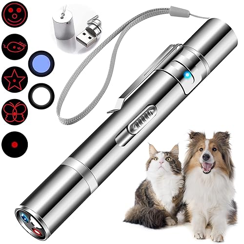 Cowjag Cat Toys, Laser Pointer with 7 Adjustable Patterns, USB Recharge Laser, Long Range and 3 Modes Training Chaser Interactive Toy, Dog Laser Pen Toy