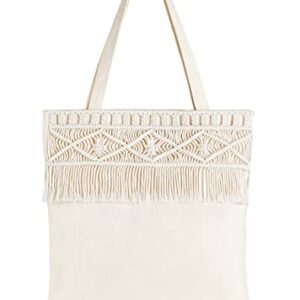 Mkono Canvas Tote bag for Women Boho Aesthetic Shoulder Handbag with Macrame Fringe Reusable Shopping Bag Lightweight Unique Gift Bag Cute Tote Bag for School Work Beach Travel Wedding Holiday