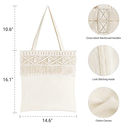 Mkono Canvas Tote bag for Women Boho Aesthetic Shoulder Handbag with Macrame Fringe Reusable Shopping Bag Lightweight Unique Gift Bag Cute Tote Bag for School Work Beach Travel Wedding Holiday