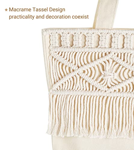 Mkono Canvas Tote bag for Women Boho Aesthetic Shoulder Handbag with Macrame Fringe Reusable Shopping Bag Lightweight Unique Gift Bag Cute Tote Bag for School Work Beach Travel Wedding Holiday