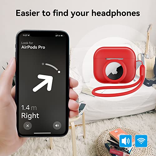 GOCII 2 in 1 Designed for Airpods Pro 2 Case and AirTag Case Cover with Lanyard, Silicone GPS Tracker Cover Holder, Soft Shock-Proof Anti-Scratch Anti-Lost(red)