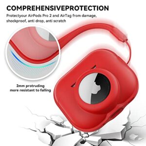 GOCII 2 in 1 Designed for Airpods Pro 2 Case and AirTag Case Cover with Lanyard, Silicone GPS Tracker Cover Holder, Soft Shock-Proof Anti-Scratch Anti-Lost(red)