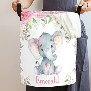 Custom Watercolor Animal Elephant Laundry Basket with Name Text Waterproof Bedroom Living Room Storage Basket