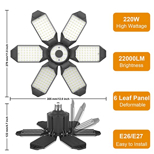 Maliralt Led Garage Light 6 Pack 220W Led Garage Ceiling Lights 6500K Led Shop Light Super Bright Deformable Led Lights for Garage Screw in E26 E27 Garage Lights for Basement Workshp Warehouse