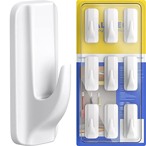 ALOCEO Wall Hooks 9 Pack Stick On Hooks Sticky Hooks for Hanging Self Adhesive Hooks Shower Towel Hooks for Bathrooms Plastic White Hooks with 12 Strips