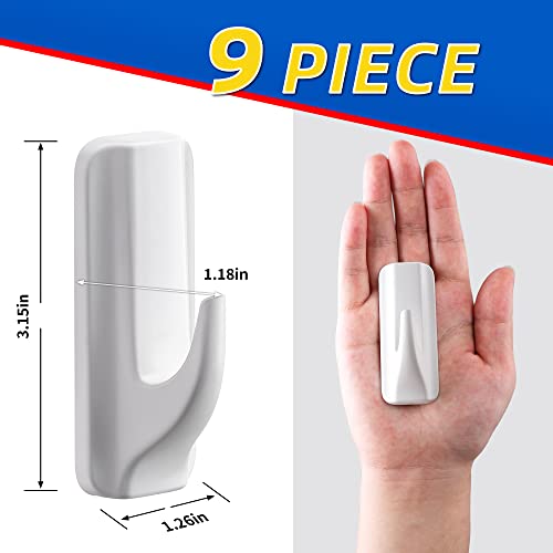 ALOCEO Wall Hooks 9 Pack Stick On Hooks Sticky Hooks for Hanging Self Adhesive Hooks Shower Towel Hooks for Bathrooms Plastic White Hooks with 12 Strips