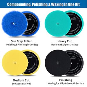 5 Inch Polishing & Buffing Pads 4Pcs, Foam and Wool Polishing Pad Kit for 5" /125mm Backing Plate, Orbital Foam Buffer Pads and Woolen Polihser Pad, for Car Compounding, Polishing and Waxing