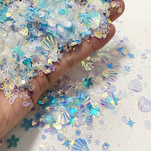 2000 Pieces Mermaid Seashell Party Glitter PVC Confetti for DIY Mold Art Nail Artwork Holiday Engagement Wedding Bridal Shower Birthday Valentines Party Decorations