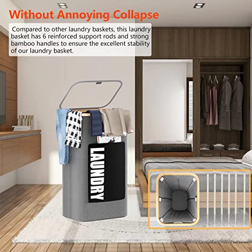 Upgraded Large Laundry Basket with Lid, 100L Tall Hamper Bamboo Handles [Support Reinforcement] Collapsible Dirty Clothes Front Pocket & Inner Bag for Bedroom, Bathroom, Gray, XL