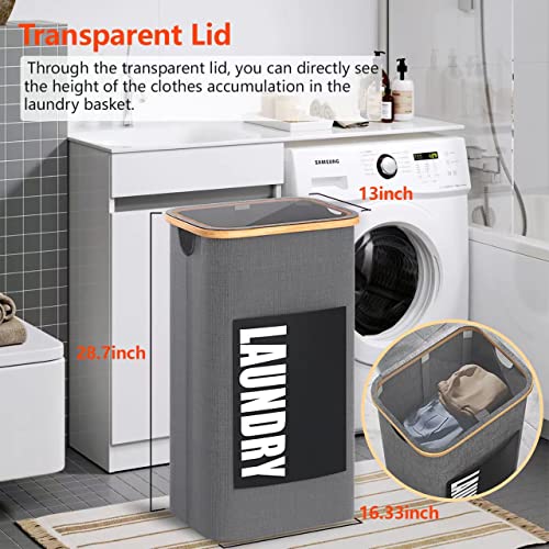 Upgraded Large Laundry Basket with Lid, 100L Tall Hamper Bamboo Handles [Support Reinforcement] Collapsible Dirty Clothes Front Pocket & Inner Bag for Bedroom, Bathroom, Gray, XL