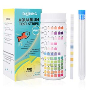 dajiang 9 in 1 aquarium test strips,100 strips aquarium testing kit for freshwater saltwater, pond test strips for fish tank testing ph, iron, copper, nitrite, nitrate, hardness, more