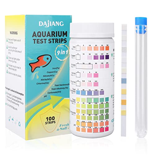 DAJIANG 9 in 1 Aquarium Test Strips,100 Strips Aquarium Testing Kit for Freshwater Saltwater, Pond Test Strips for Fish Tank Testing pH, Iron, Copper, Nitrite, Nitrate, Hardness, More