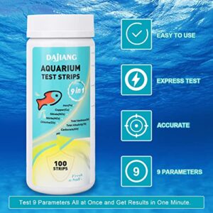 DAJIANG 9 in 1 Aquarium Test Strips,100 Strips Aquarium Testing Kit for Freshwater Saltwater, Pond Test Strips for Fish Tank Testing pH, Iron, Copper, Nitrite, Nitrate, Hardness, More