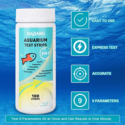 DAJIANG 9 in 1 Aquarium Test Strips,100 Strips Aquarium Testing Kit for Freshwater Saltwater, Pond Test Strips for Fish Tank Testing pH, Iron, Copper, Nitrite, Nitrate, Hardness, More