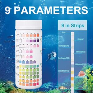 DAJIANG 9 in 1 Aquarium Test Strips,100 Strips Aquarium Testing Kit for Freshwater Saltwater, Pond Test Strips for Fish Tank Testing pH, Iron, Copper, Nitrite, Nitrate, Hardness, More