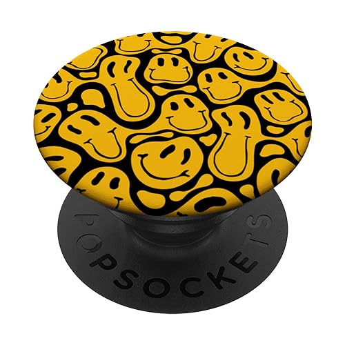 aesthetic trippy liquid black dripping yellow smile face PopSockets Standard PopGrip