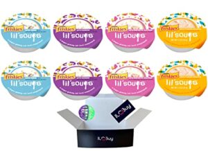 ilc buy lil soups for cats bundle, 4 flavor variety, (2) each: shrimp, sockeye salmon, tuna, flaked chicken (1.2 ounces) plus a noisy cat toy ball and magnet