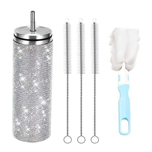 Bling Water Bottle Diamond Bling Cup,20oz Stainless Steel Glitter Cup Rhinestone with Lid and Straw Bling Diamond Thermoses for Women Girls (white)