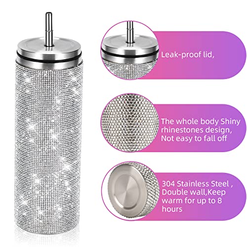 Bling Water Bottle Diamond Bling Cup,20oz Stainless Steel Glitter Cup Rhinestone with Lid and Straw Bling Diamond Thermoses for Women Girls (white)