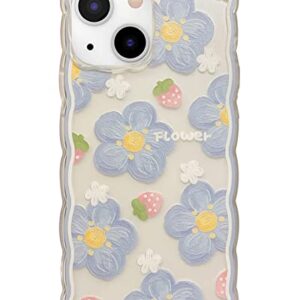 GUSDBSW Compatible with iPhone 13 Case Cute for Women Girls, Fashion Wave Grip Design & Aesthetic Curly Pattern, Clear Soft TPU Phone Case - Blueberry Flower