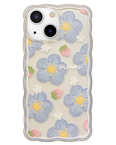 GUSDBSW Compatible with iPhone 13 Case Cute for Women Girls, Fashion Wave Grip Design & Aesthetic Curly Pattern, Clear Soft TPU Phone Case - Blueberry Flower