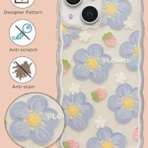 GUSDBSW Compatible with iPhone 13 Case Cute for Women Girls, Fashion Wave Grip Design & Aesthetic Curly Pattern, Clear Soft TPU Phone Case - Blueberry Flower