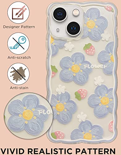 GUSDBSW Compatible with iPhone 13 Case Cute for Women Girls, Fashion Wave Grip Design & Aesthetic Curly Pattern, Clear Soft TPU Phone Case - Blueberry Flower