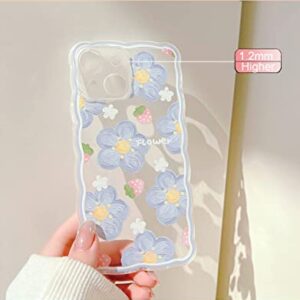 GUSDBSW Compatible with iPhone 13 Case Cute for Women Girls, Fashion Wave Grip Design & Aesthetic Curly Pattern, Clear Soft TPU Phone Case - Blueberry Flower