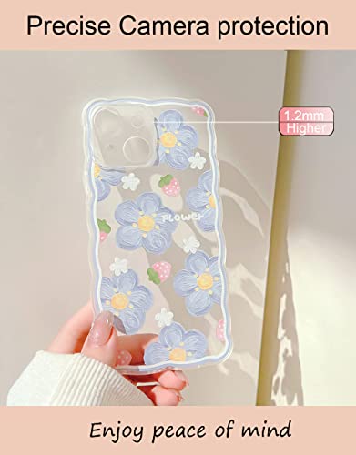 GUSDBSW Compatible with iPhone 13 Case Cute for Women Girls, Fashion Wave Grip Design & Aesthetic Curly Pattern, Clear Soft TPU Phone Case - Blueberry Flower