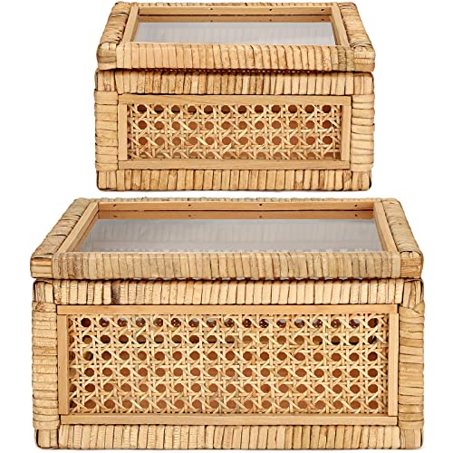 Amyhill Set of 2 Boho Rectangular Rattan Decorative Boxes with Glass Lids Woven Cane and Rattan Display Boxes with Lids Storage Basket Bins for Home Decor (12 x 12 x 6 Inch, 9 x 9 x 4.5 Inch)