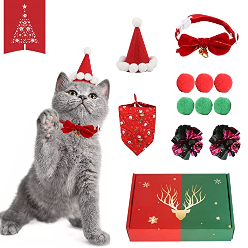 JUNSPOW Christmas Cat Costume Outfit Set Pet Christmas Costume Santa Christmas Hat Christmas Cat Collar for Puppy Kitten Christmas Party Costume Supplies