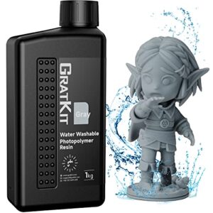 gratkit water washable 3d printer resin, uv-curing 405nm photopolymer resin, upgraded formula 3d printing resin with low odor and super easy to clean -1000g,gray