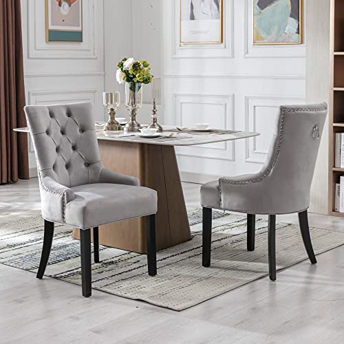 DM Furniture Velvet Dining Chairs Modern Tufted Side Host Kitchen Chairs with Wooden Legs Upholstered Accent Chair for Dining Room/Living Room/Bedroom (Set of 2, Light Grey)