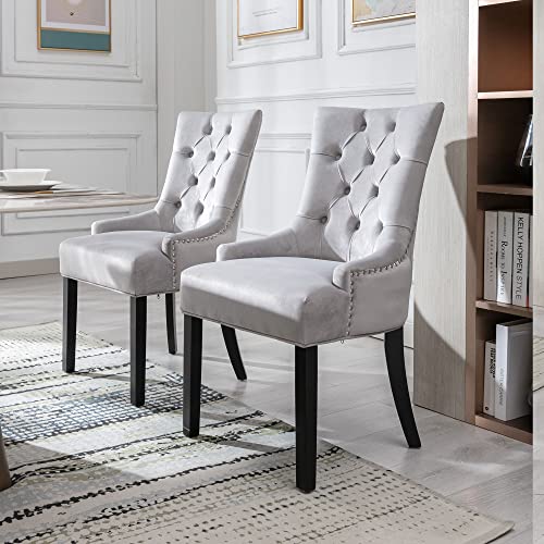 DM Furniture Velvet Dining Chairs Modern Tufted Side Host Kitchen Chairs with Wooden Legs Upholstered Accent Chair for Dining Room/Living Room/Bedroom (Set of 2, Light Grey)