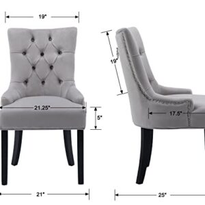 DM Furniture Velvet Dining Chairs Modern Tufted Side Host Kitchen Chairs with Wooden Legs Upholstered Accent Chair for Dining Room/Living Room/Bedroom (Set of 2, Light Grey)