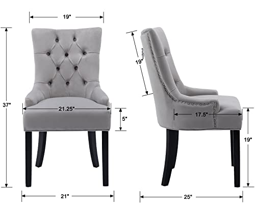 DM Furniture Velvet Dining Chairs Modern Tufted Side Host Kitchen Chairs with Wooden Legs Upholstered Accent Chair for Dining Room/Living Room/Bedroom (Set of 2, Light Grey)